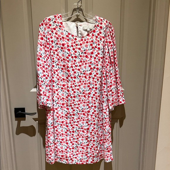 LOFT | Dresses | Loft Red And White Cherry Print Long Sleeve Dress ...